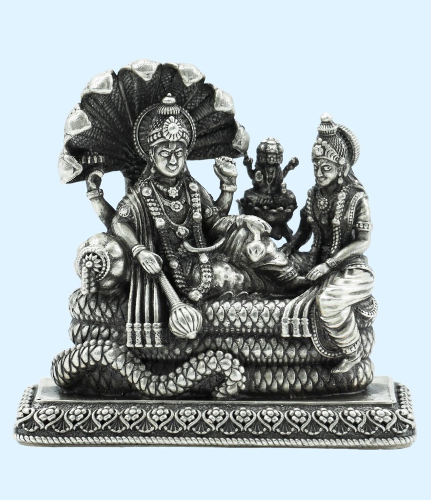 Antique Lakshmi Narayana Silver Idol Resting on Sheshnaag - Dharmik Jewels