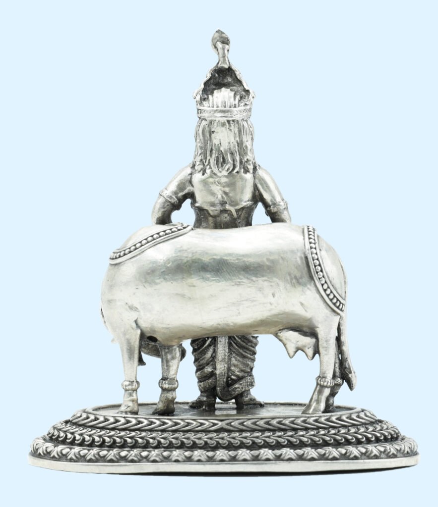 Antique Lord Krishna Silver Idol With Cow - Dharmik Jewels