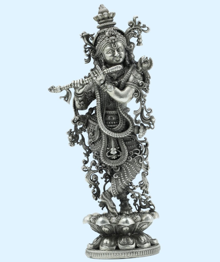 Stunning Antique Silver Krishna Idol Playing Flute - Dharmik Jewels