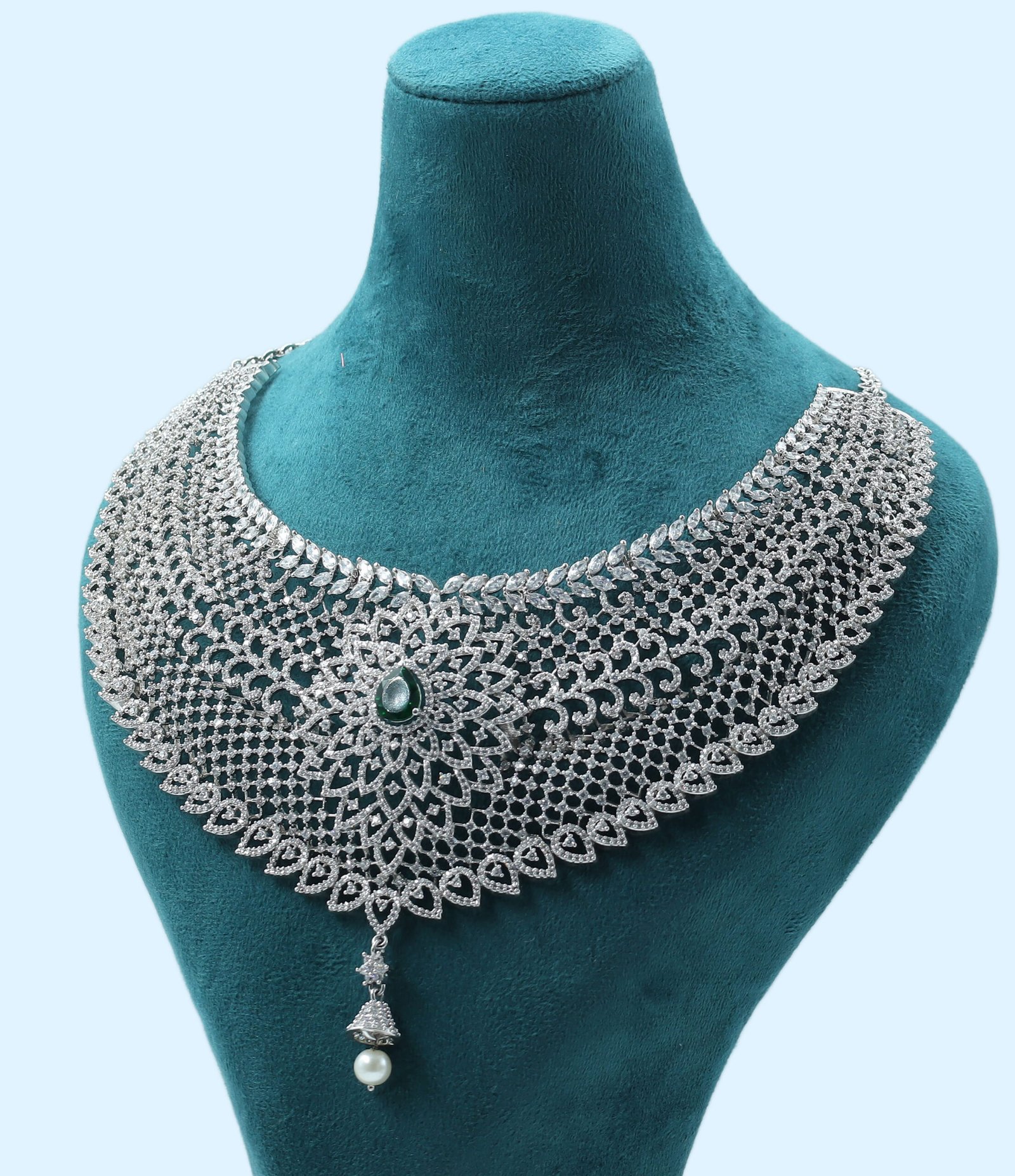 Silver Wedding Necklace Featuring Central CZ Emerald Stone - Dharmik Jewels