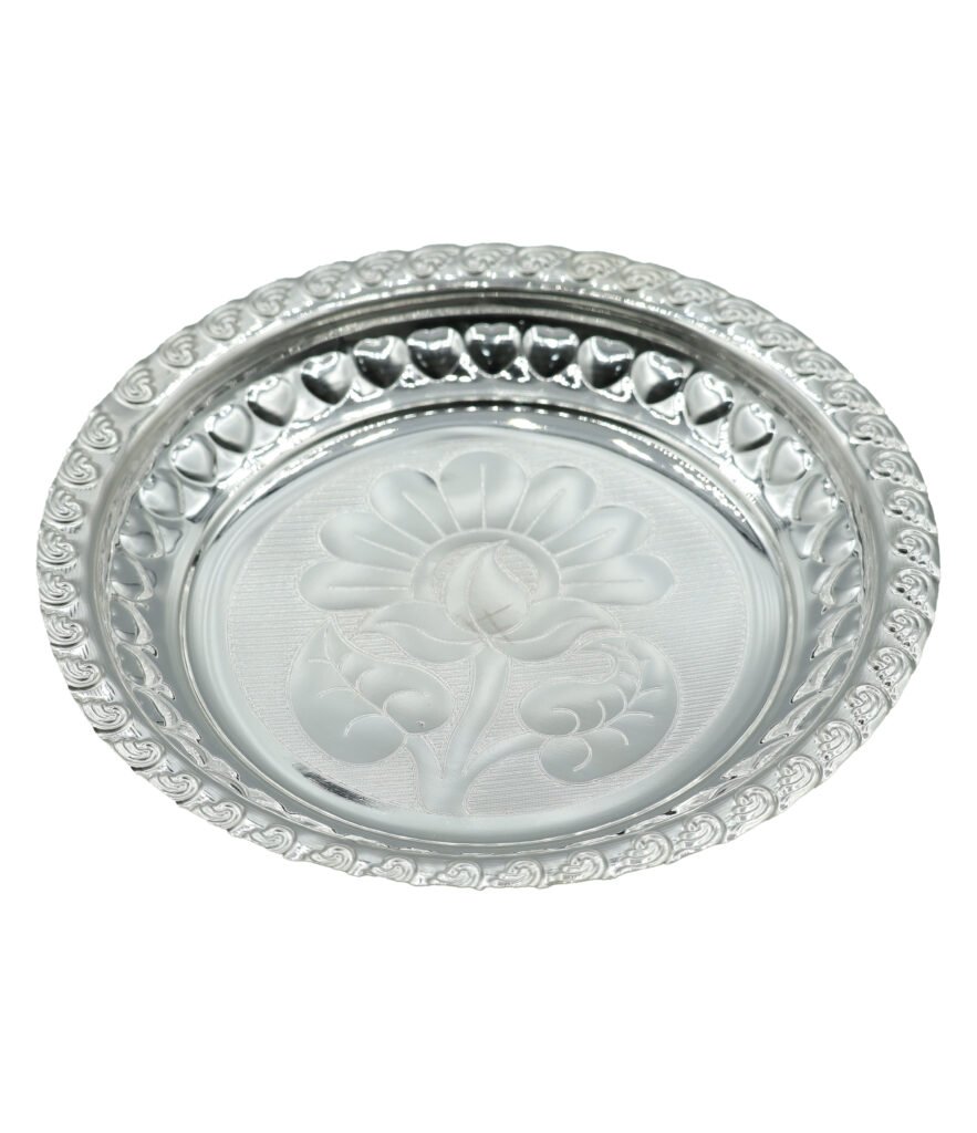 Pure Silver Flower Design Pooja Plate - Dharmik Jewels